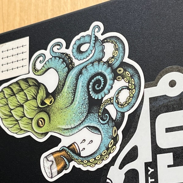 Octopus Drinking Beer Color Vinyl Sticker, Pen and Ink Illustration ...