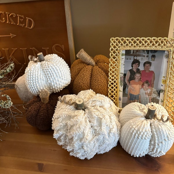 White Chenille Pumpkins Handmade, Rustic Fall Decorations Autumn ...