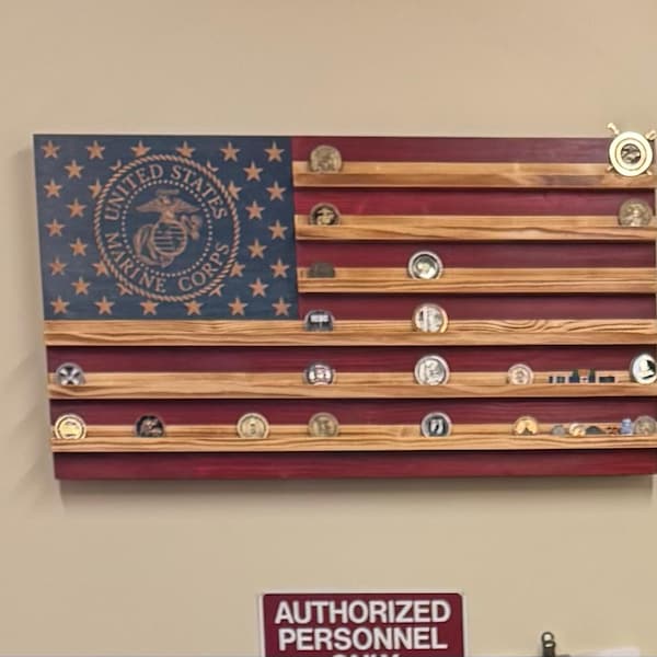 Handcrafted Rustic American Flag Challenge Coin Display: 37x19" - Etsy