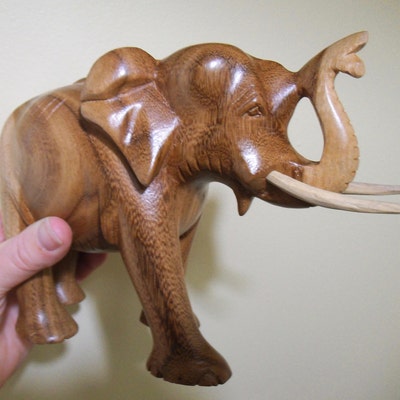 Hand Carved Wooden Elephant, Wooden Elephant Statue, Elephant Figurine ...