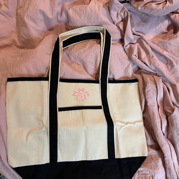 Embroidered Dainty Bow Monogram Heavy Canvas Tote Bag | Monogram Tote ...