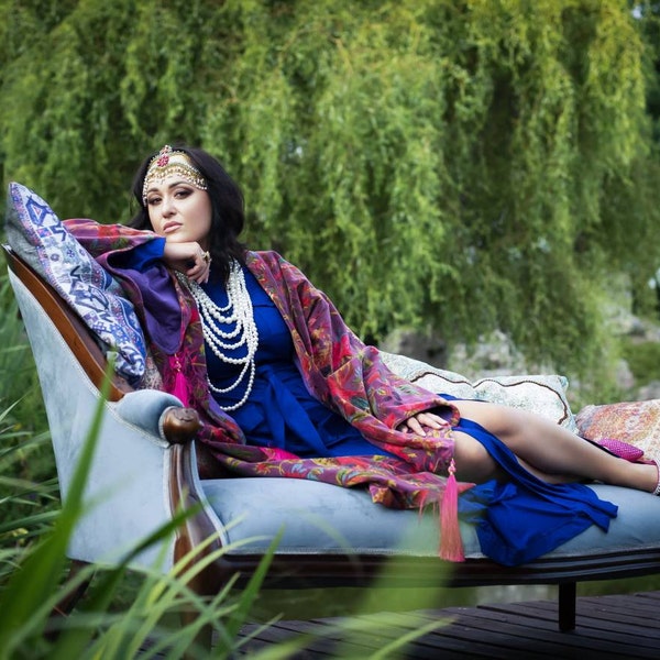 OFMD Violet Bird Velvet Banyan Fabric Kimono Cotton Velvet Robe Long ...