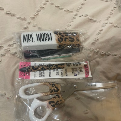 6 Piece Glitter Leopard Print Office Supply Set, Resin Scissors, Resin ...