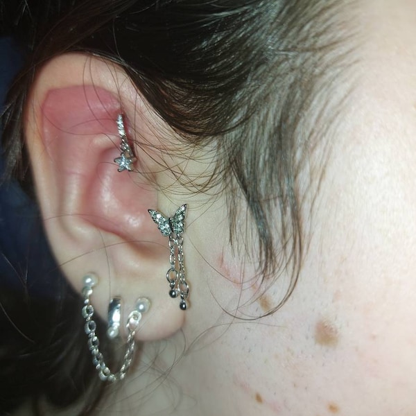 16G CZ Dangle Star Daith Hoop/cartilage Hoop/helix Hoop/huggie Hoop ...