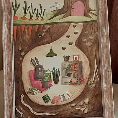 Rabbit Print Animal Art Print Rabbit Lovers Book Lovers Nursery Decor ...