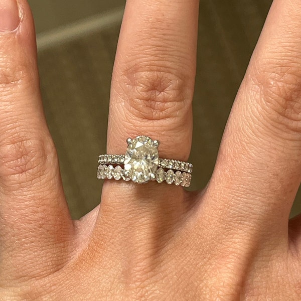 Unique Moissanite Notched Wedding Band Women Oval Cut Half Eternity ...