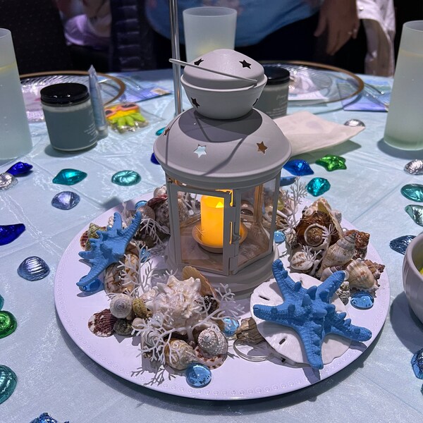 Tall Wood Lighthouse Centerpiece W/ Shells, Slate Blue Starfish ...