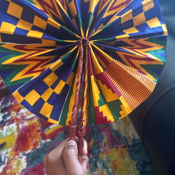 African Fabric Hand Fan With Leather Handle, Decorative Fan Made With ...