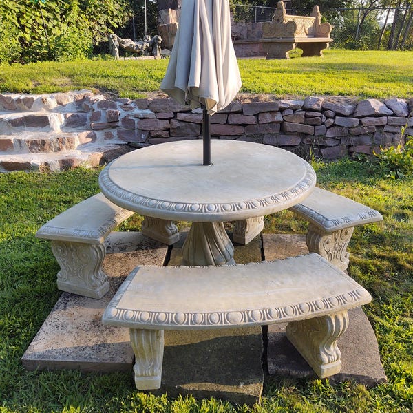 Round Concrete Table Set – Outdoor Patio Dining Set With 3 Curved ...