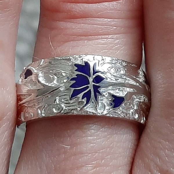 Silver Enamel Ring Oxidized Silver Band With Enamel Band Cornflower ...