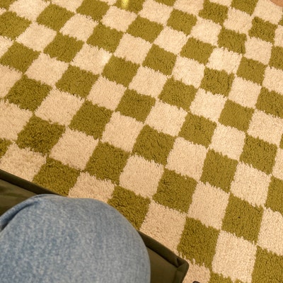 Checkered Green Rug Wool Hand Woven Genuine Moroccan Beni Ourain Carpet ...