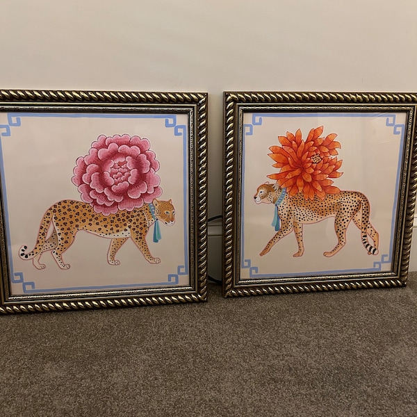 Two Art Prints Chinoiserie Cheetah and Leopard With Asian Peony and ...