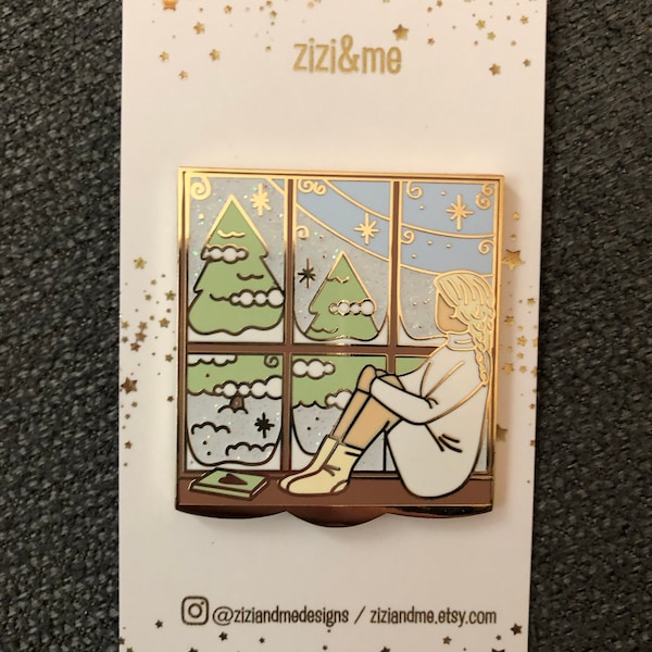 Winter Window Girl Enamel Pin, Gold Plated, Glitter Detail - Etsy