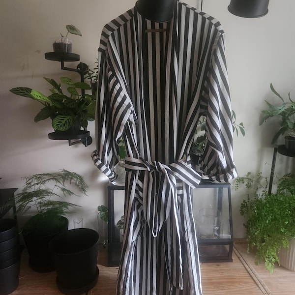 Black Striped Loungewear, Lightweight Bathrobe, Boho Linen Cotton Robe ...