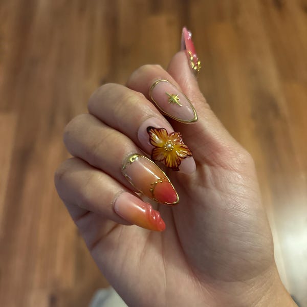 Unique Flower for Autumn Medium Almond Press on Nail,custom Design Nail ...