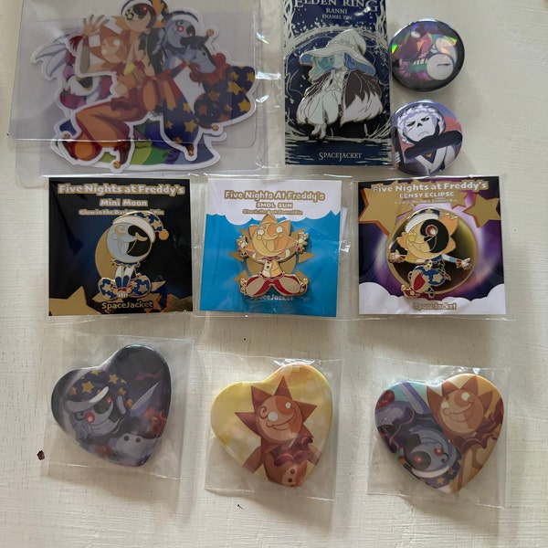 FNAF Smol Sun and Mini Moon Glow-in-the-dark Enamel Pins Free Sticker ...