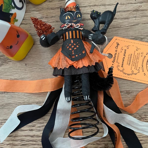 BLACK CAT Halloween Spun Cotton / Spun Head GIRL W/ghost Vintage Style ...