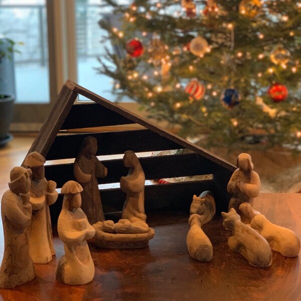 Nativity Manger Stable Rustic Lighted Handmade Wooden Nativity Creche ...