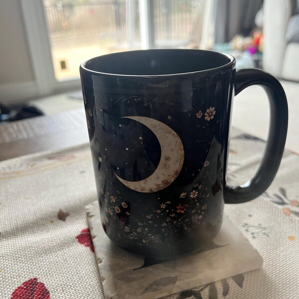Crescent Moon and Wildflower Mandala Mug Dark Cottagecore Floral ...