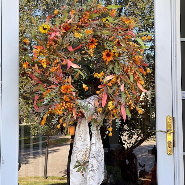 Custom Acorn Monogram Swag, Personalized Taupe Toile Thanksgiving ...