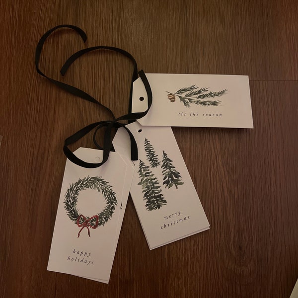 Watercolor Christmas Gift Tags With Black Velvet Ribbon | Holiday Gift ...