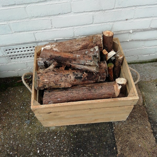 Log Crate / Fire Wood Kindling Log Store / Carrier Holder - Wooden Box ...