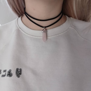 Double Black Choker With Crystal Point Pendant, Layered Flat Cord ...