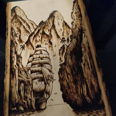 Nautical Pyrography Wall Art , Pirate Ship Wood Burning , Tropical Wall ...