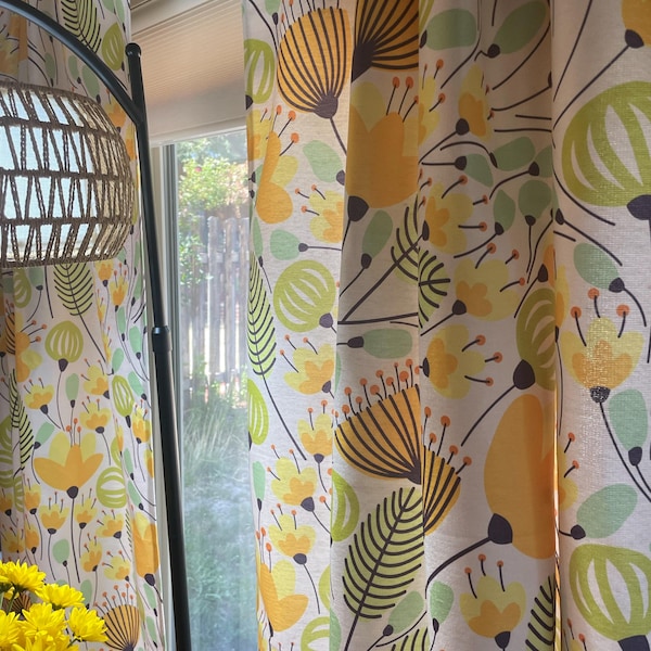 Mid Century Modern Floral Curtain Panels, 70s Hippie Boho Floral Retro Curtains, Colorful ...