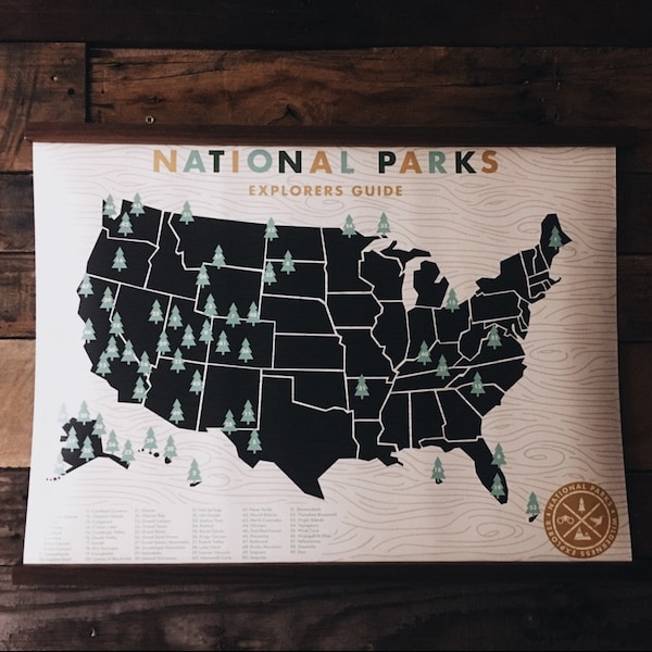 National Parks Map Print With Tree Stickers to Keep Track of Your ...