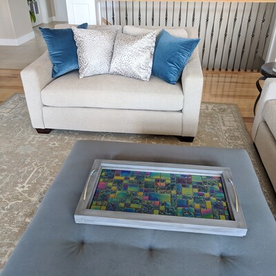 Ottoman Tray. Serving Tray. Gray Wood. Iridescent Purple Mosaic Glass ...