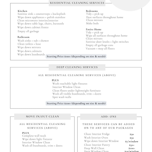 Professional Cleaning Service Pricing List, Editable Pricing List ...