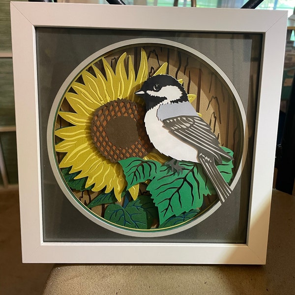 3d Chickadee on a Sunflower Shadow Box Svg, 3d Sunflower Svg, Chickadee ...