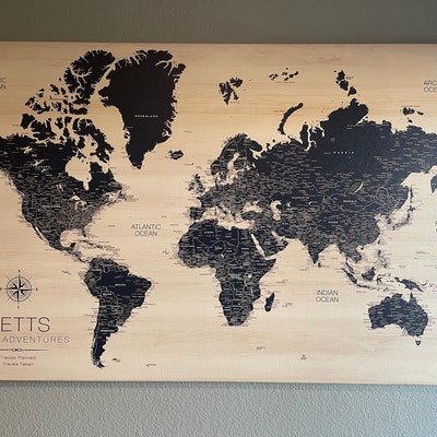Modern Wood Push Pin Map of World on Canvas With Personalized Legend ...