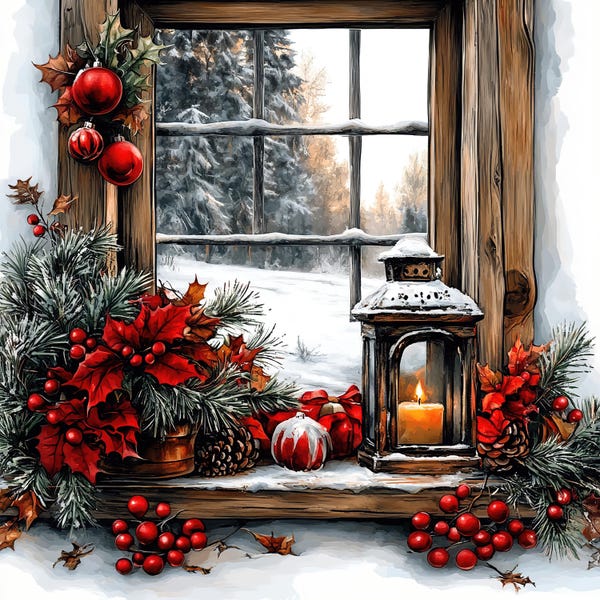 15 vintage kerstraam clipart: aquarel hert, winters tafereel (digitale ...
