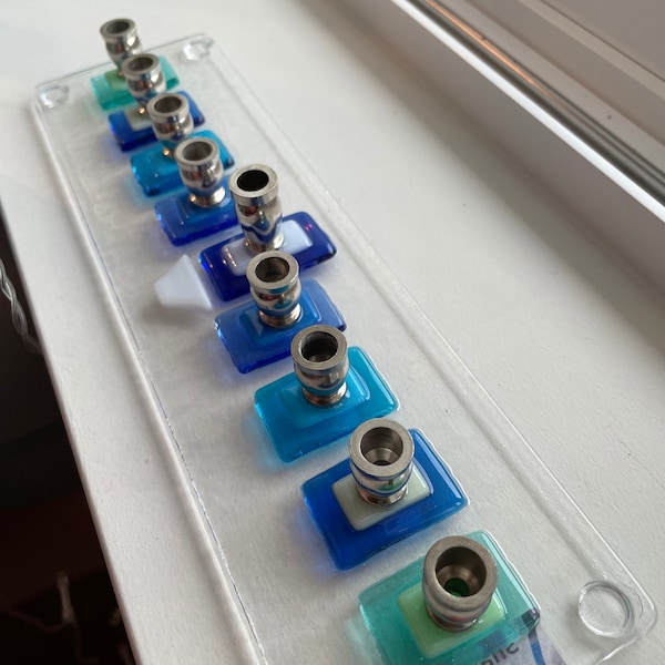 Menorah, Fused Glass Hanukkah Menorah in Turquoise, Blue and White ...