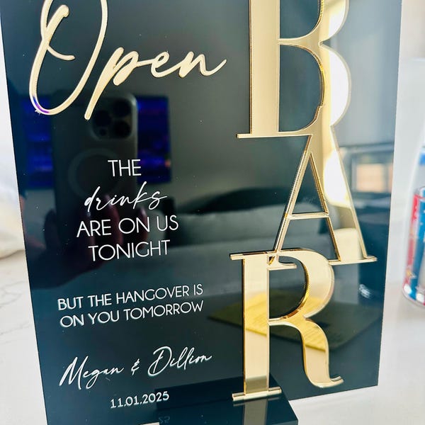 3D Mirror Gold Foil Open Bar Menu Signature Cocktails Custom Minimalist ...