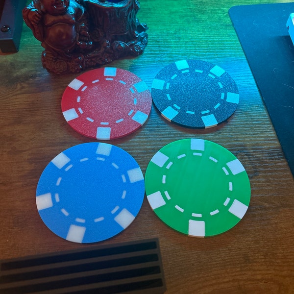 Poker Chip Drink Coasters - Set of 4 With Holder, Casino Theme, Game ...