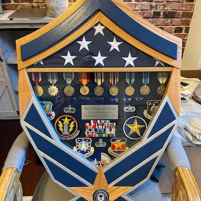 Handcrafted Air Force Shadow Box With Msgt Rank Chevron Silver & Navy ...