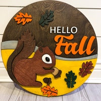 Hello Fall Squirrel, Digital Download, Round Door Hanger Svg, Autumn ...