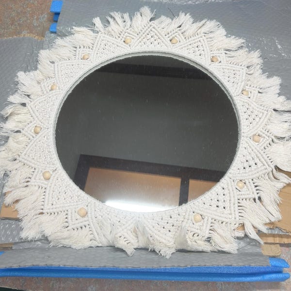 Macrame Beaded Wall Mirror, Bohemian Living Room Wall Mirror, Macrame ...