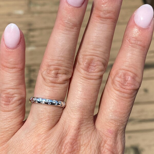 3MM Flush Set Diamond Band, 14K Gold Scattered Diamond Wedding Band, Stacking Ring, Surface ...