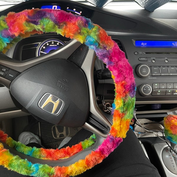 Fuzzy Soft Bright Rainbow Tie Dye Rosebud Swirls Steering Wheel Cover ...