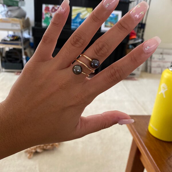Double Tahitian Pearl Wrap Ring, Gold Hammered Band, Genuine Pearls ...