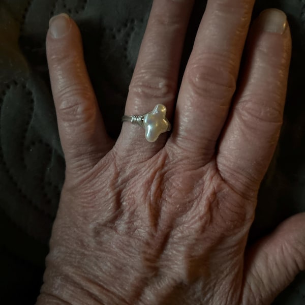 White Pearl Cross Ring: Wire Wrapped, Sterling Silver or Gold Filled ...