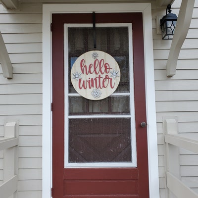 Red Hello Winter Door Sign, Snowflake Door Hanger, Wood Wreath for ...