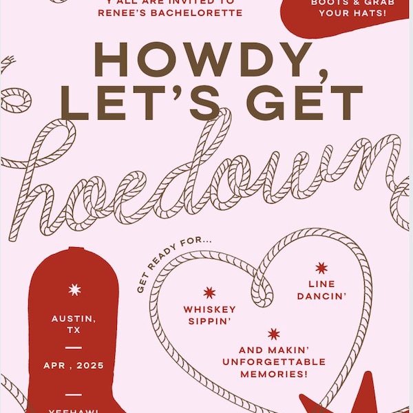Honky Tonk Hoedown Bachelorette Invite, Cowgirl Rodeo Western Itinerary ...