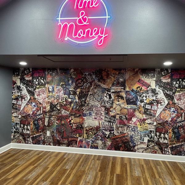 Retro Music Posters Collage Peel and Stick Wallpaper Wall Mural Rock ...
