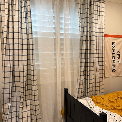 Blue Plaid Slub Rod-pocket Curtains Denim Blue Buffalo Check Curtains ...