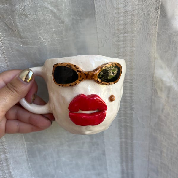 Ceramic Mug With a Face - Funky Handmade Ceramic Mug With Red Lips ...